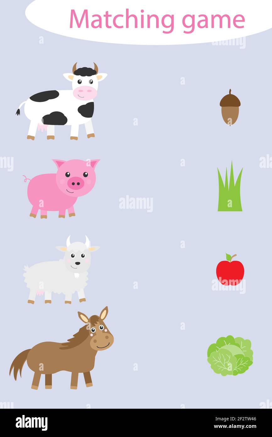 What they eat, matching game with farm animals for children, fun ...