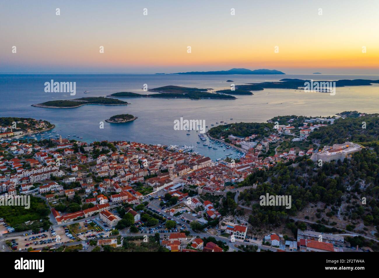 Sunset view of Hvar and Pakleni islands in Croatia Stock Photo - Alamy