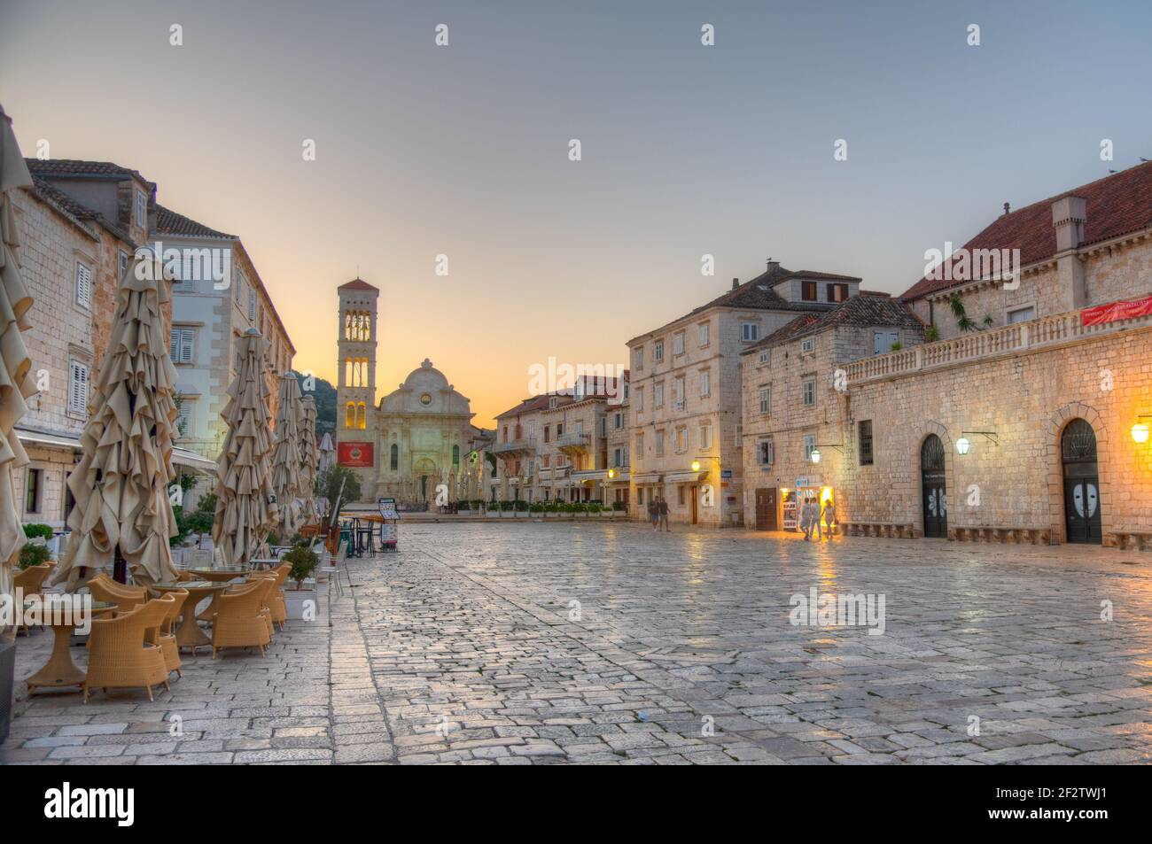 Sunrise view of Saint Stephen cathedral at Hvar, Croatia Stock Photo ...