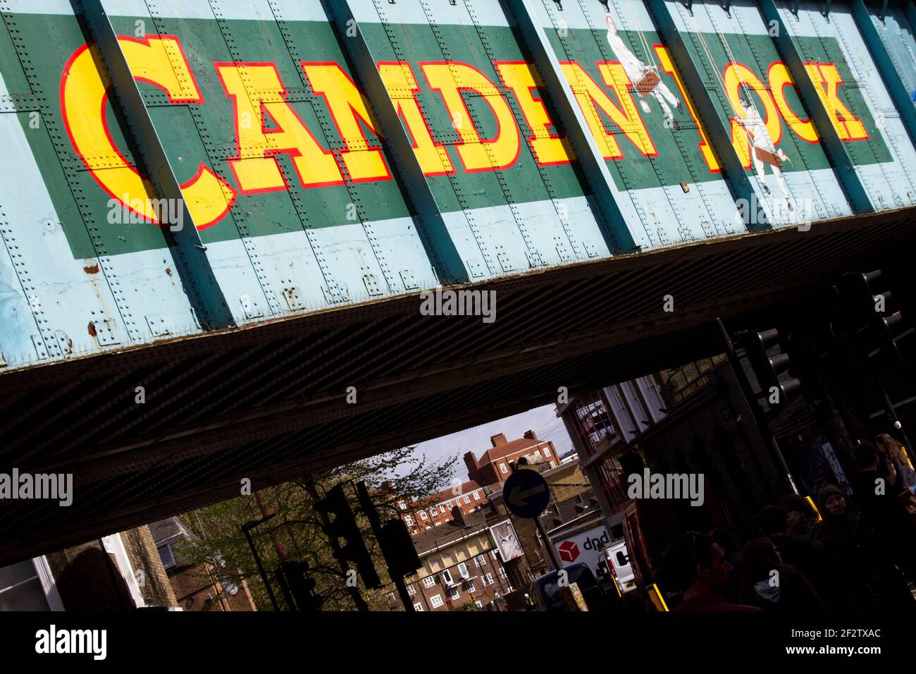 Low angle view of Camden Lock Bridge next to Regents Park Canal and ...