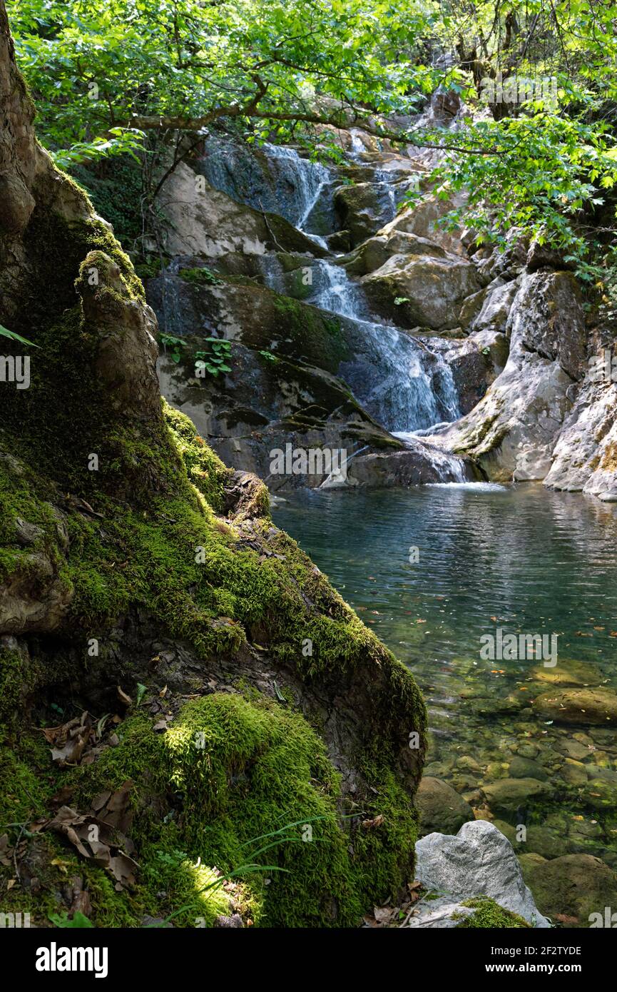 View of the waterfall at the Rema Marks on the Tzoumerka mountains in ...