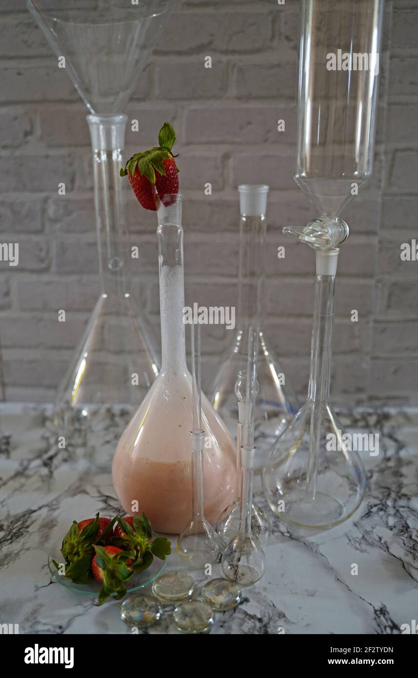 Laboratory milk shake in flask. tasty shake made and served in the ...