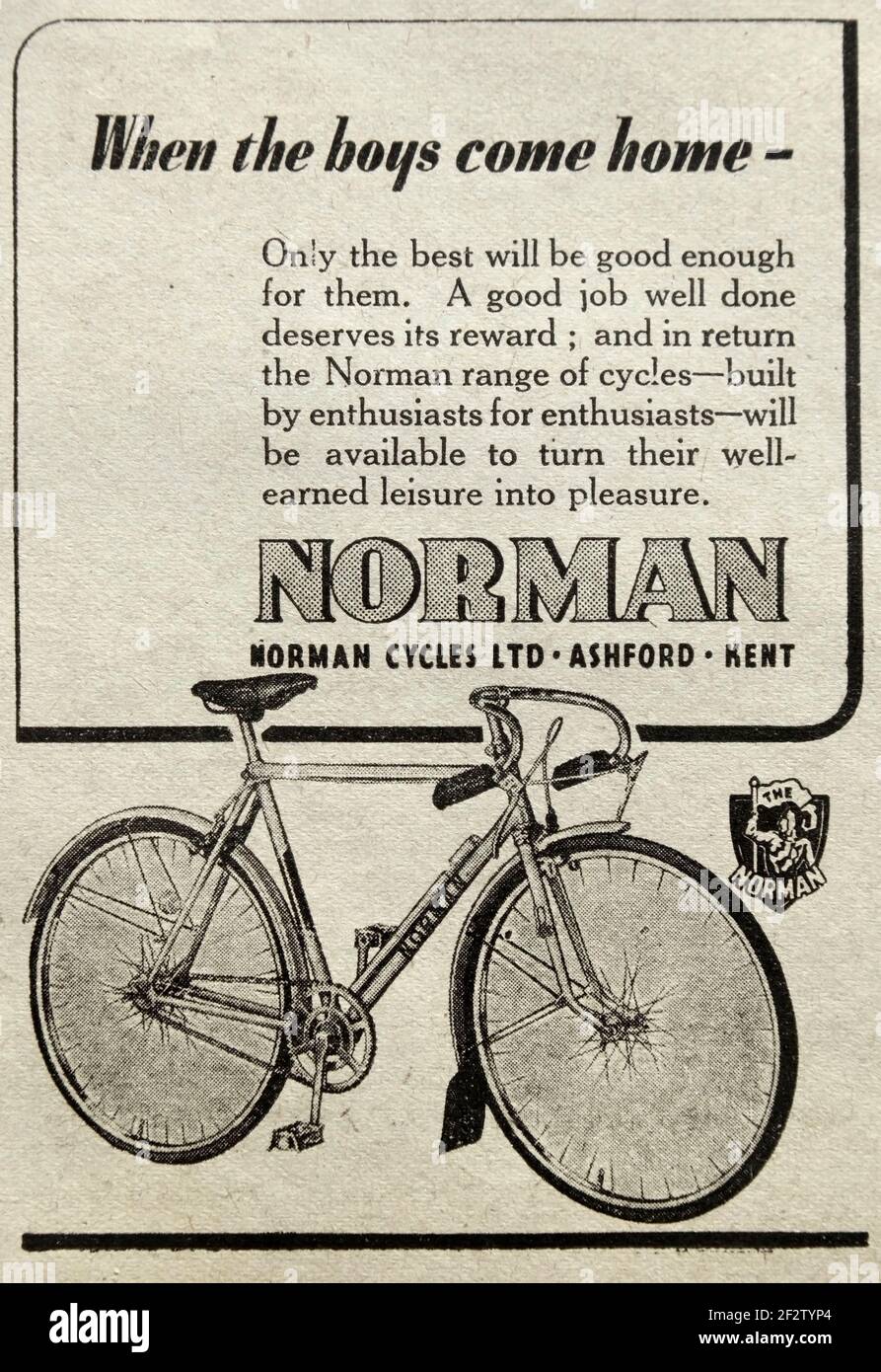 Vintage 1944 wartime advertisement for British "Norman" bicycles Stock ...