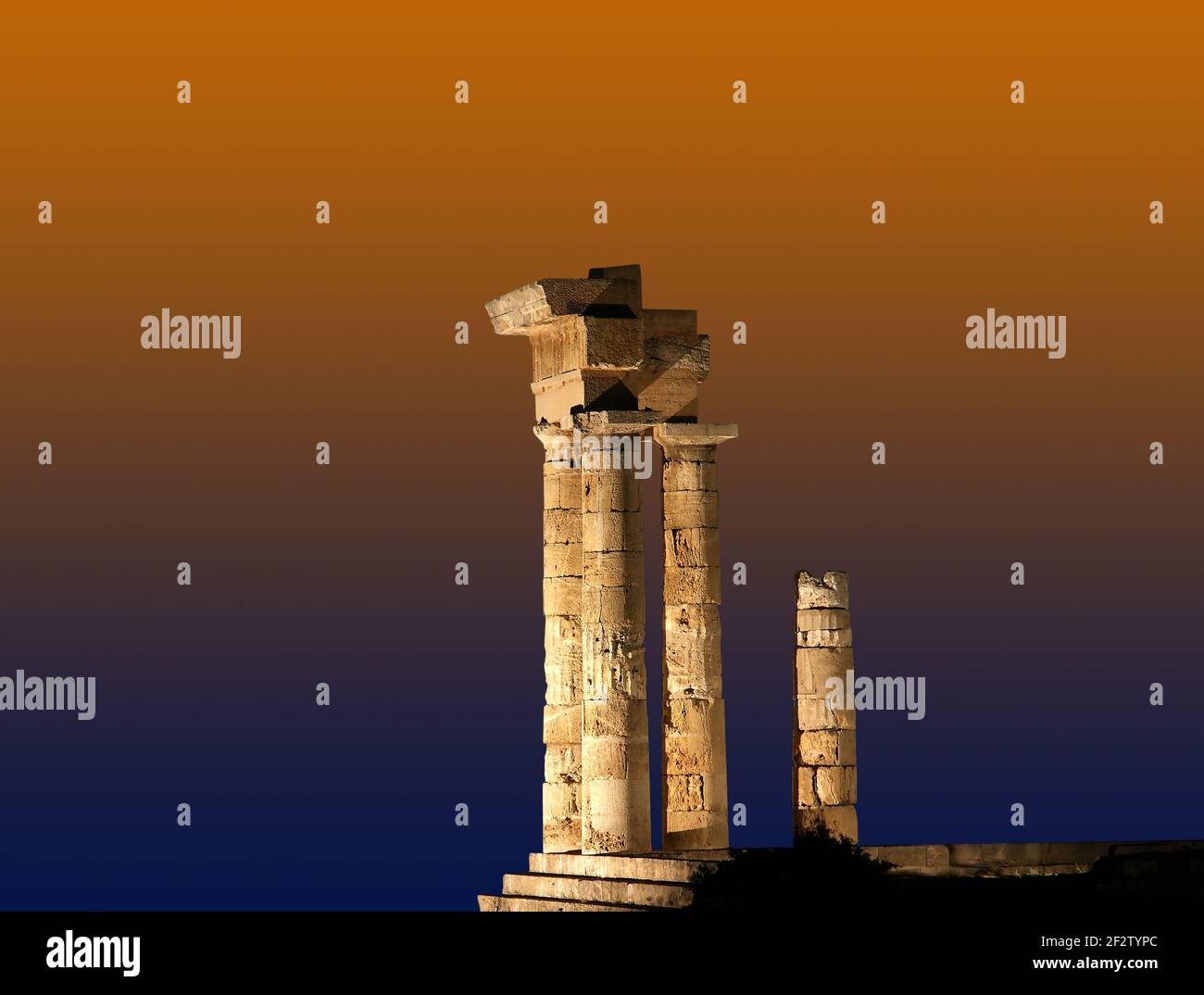 Apollo Temple at the Acropolis of Rhodes at night, Greece Stock Photo ...