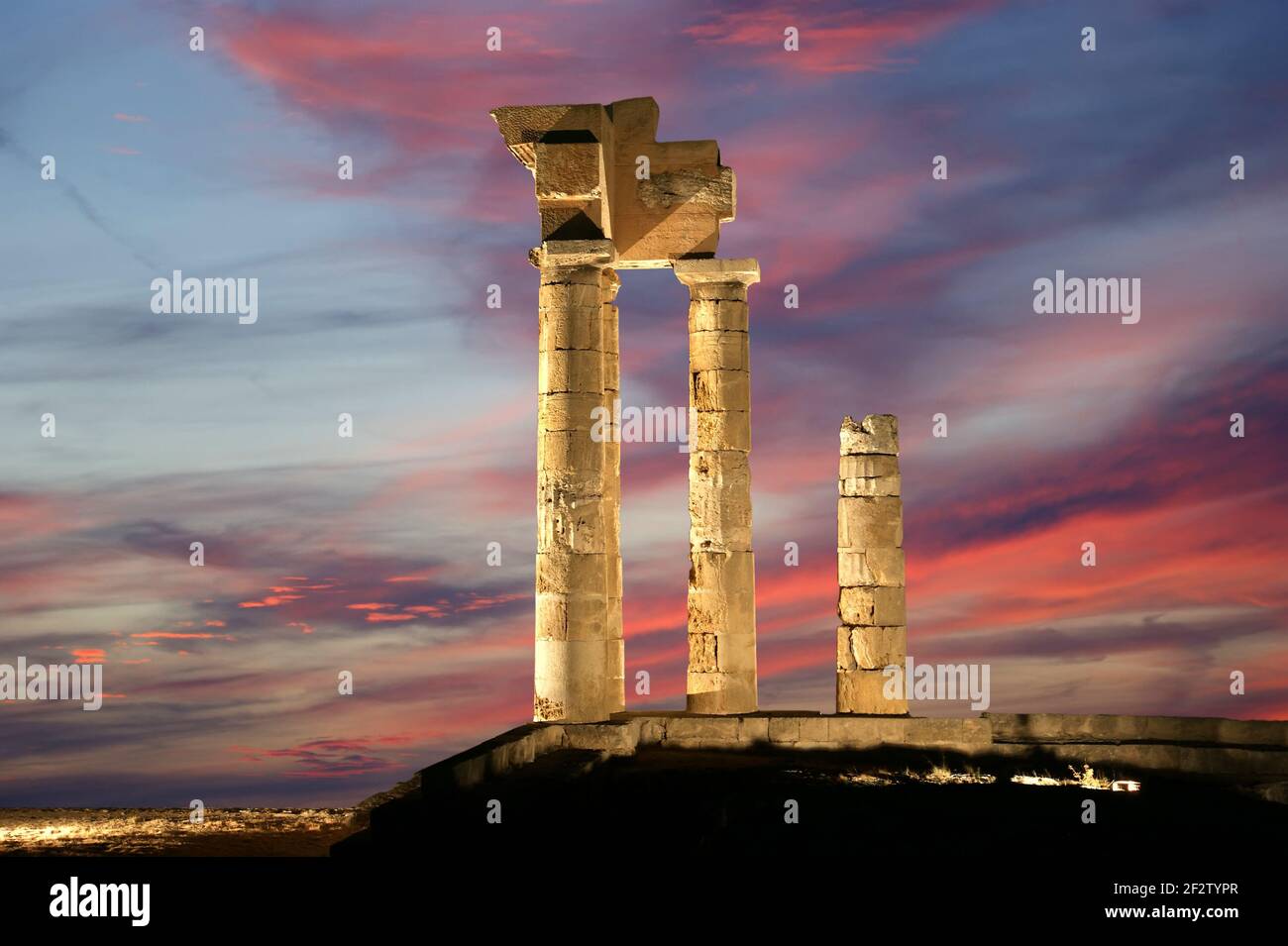Apollo Temple at the Acropolis of Rhodes at night, Greece Stock Photo ...