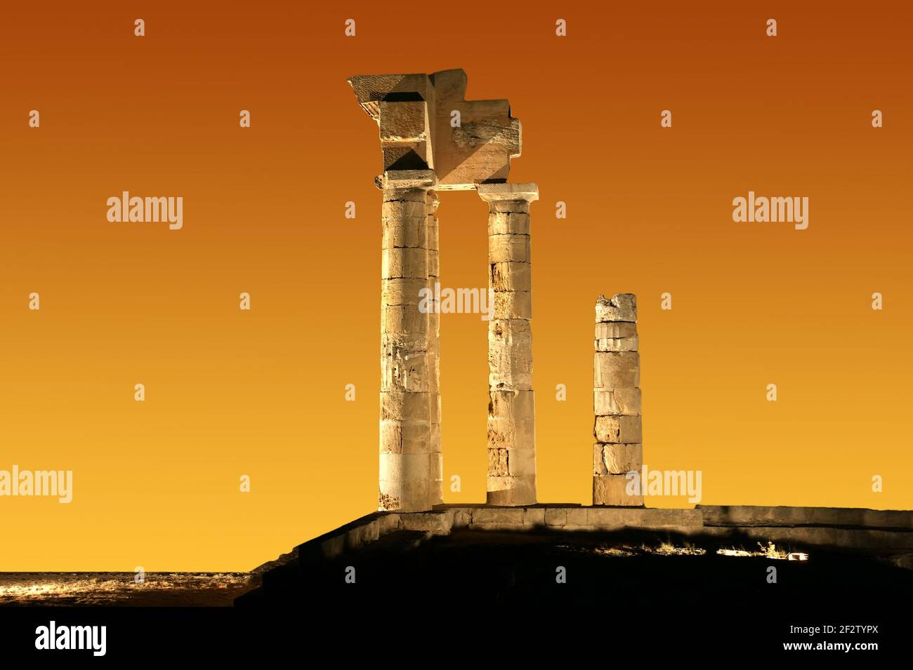 Apollo Temple at the Acropolis of Rhodes at night, Greece Stock Photo ...