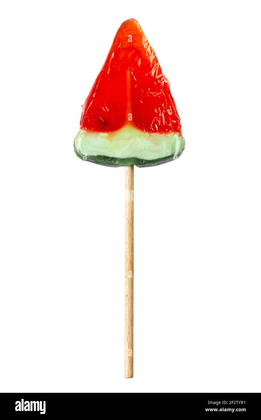 Sweet lollipop in the form of a slice of watermelon isolated on white ...