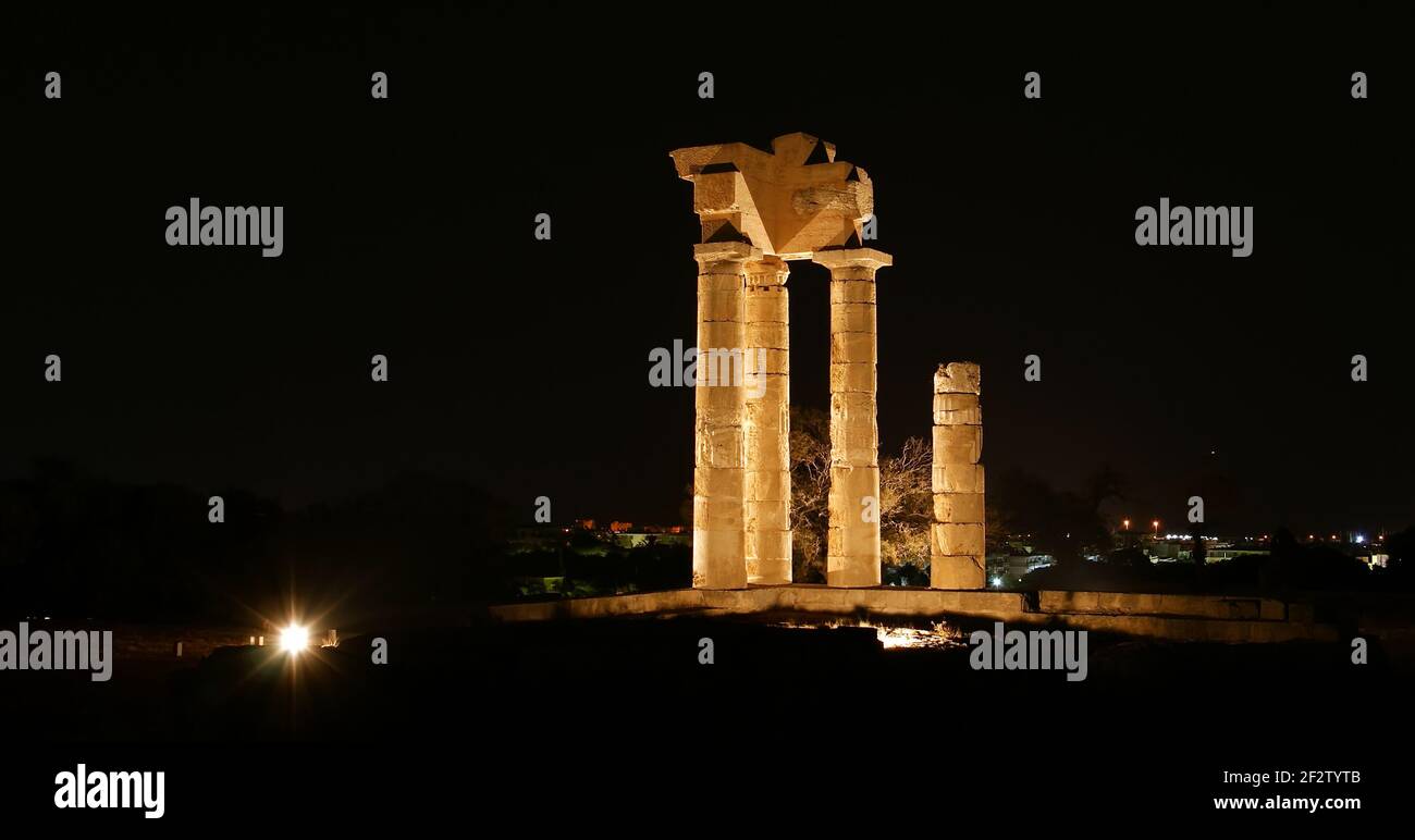Apollo Temple at the Acropolis of Rhodes at night, Greece Stock Photo ...