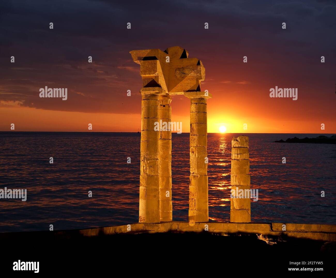 Apollo Temple at the Acropolis of Rhodes at night, Greece Stock Photo ...