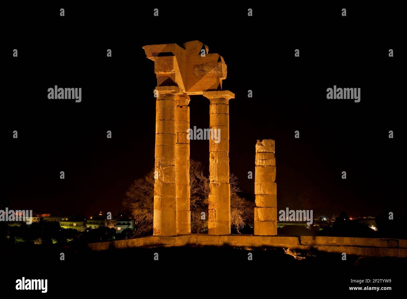 Apollo Temple at the Acropolis of Rhodes at night, Greece Stock Photo ...