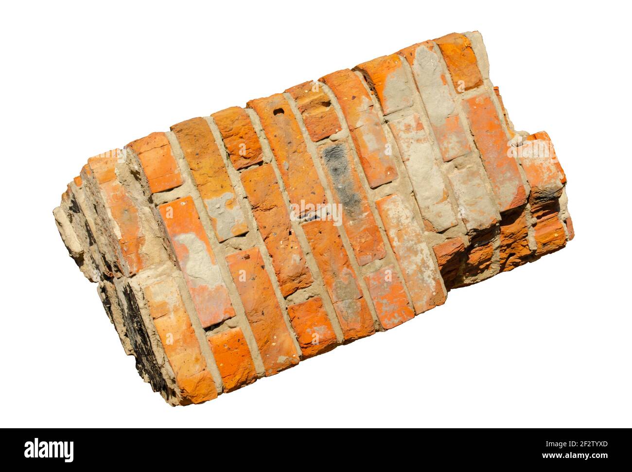 Broken brick pillar falling. Piece of brick column on isolated white ...