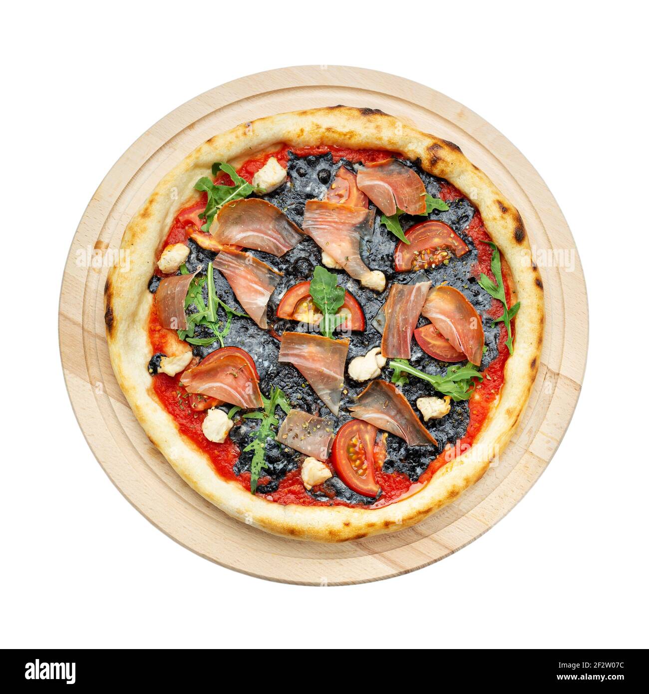 Delicious pizza with mozzarella, cuttlefish ink, served on a wooden ...