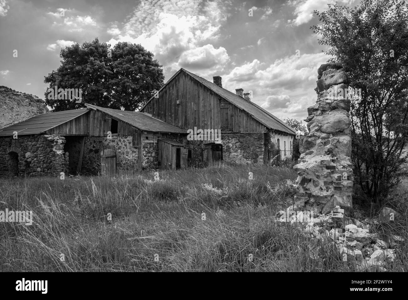 Old destroyed tree house. Black and white photo Stock Photo - Alamy