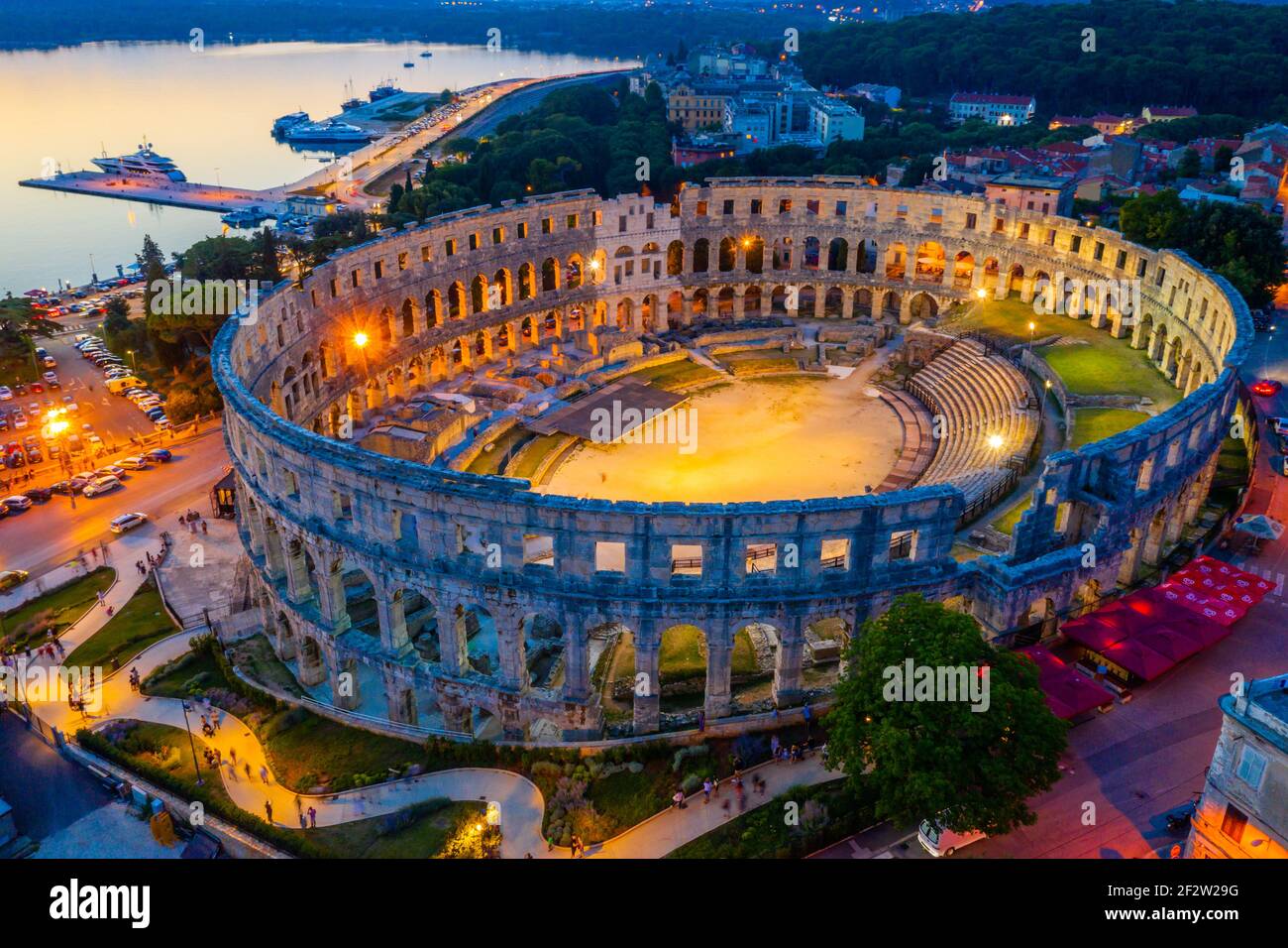 Sunset aerial view of Roman amphitheatre in Pula, Croatia Stock Photo ...