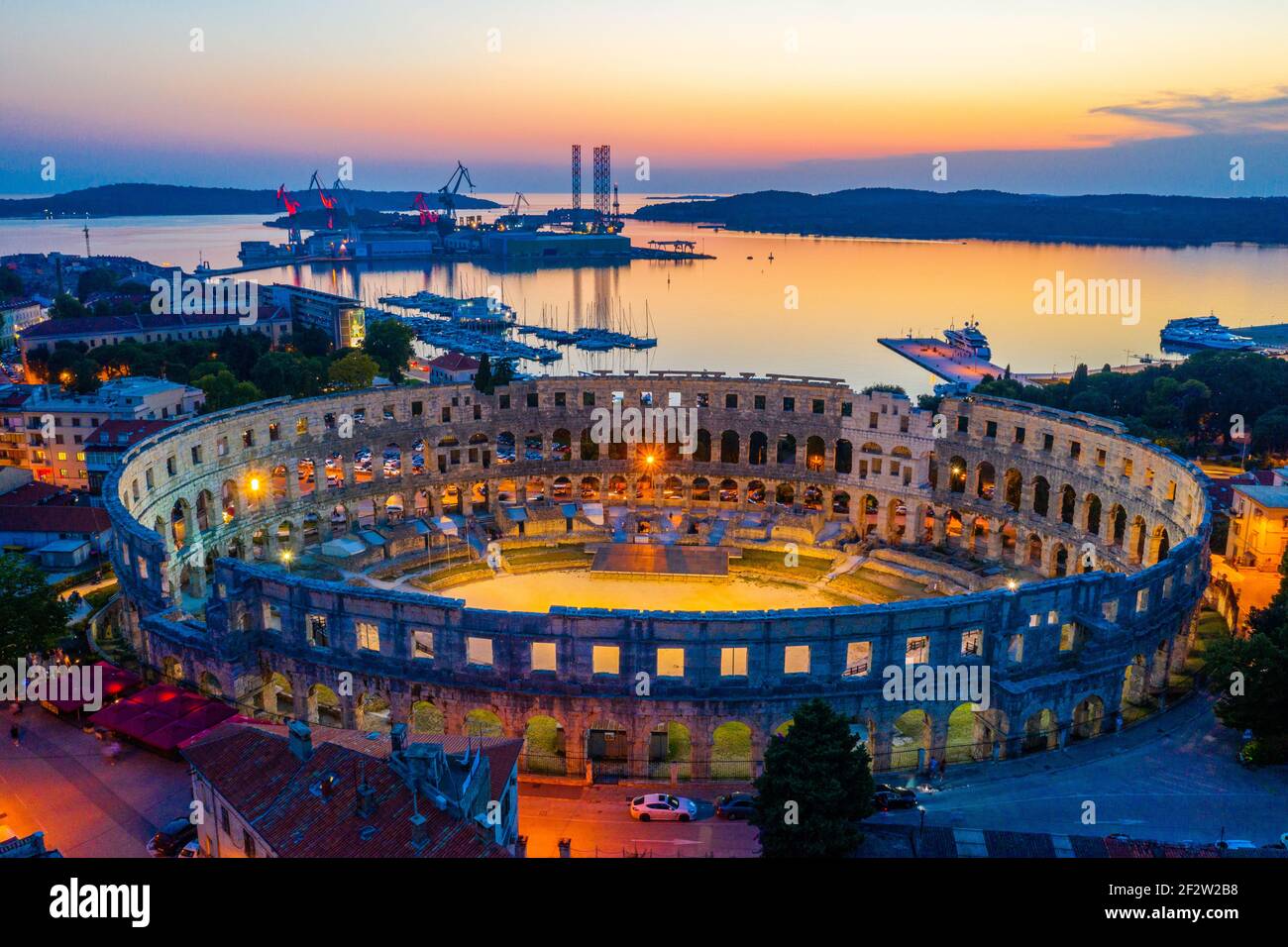 Sunset aerial view of Roman amphitheatre in Pula, Croatia Stock Photo ...