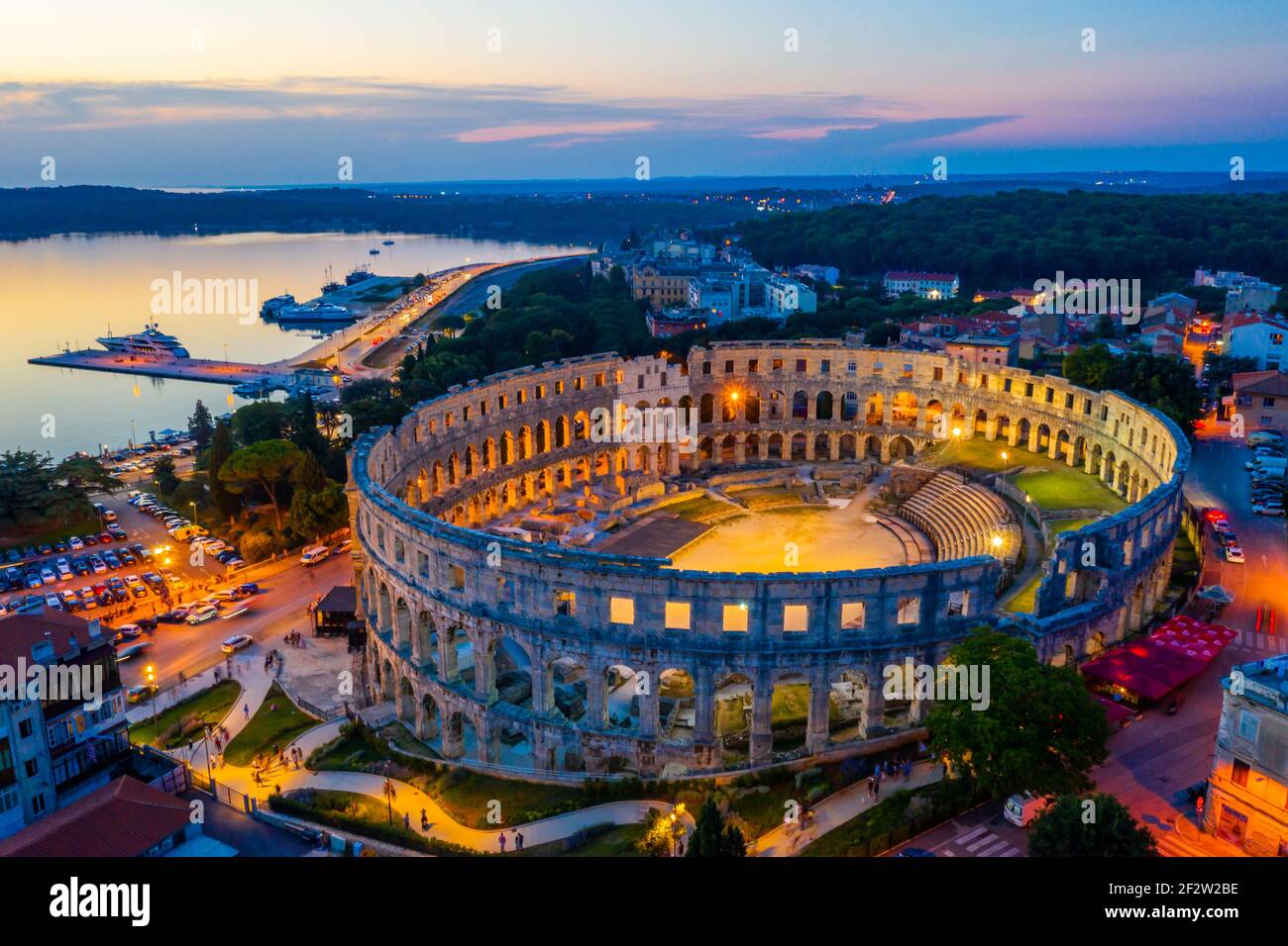 Sunset aerial view of Roman amphitheatre in Pula, Croatia Stock Photo ...