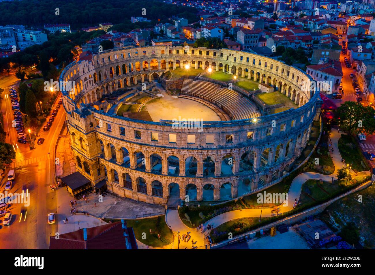 Sunset aerial view of Roman amphitheatre in Pula, Croatia Stock Photo ...