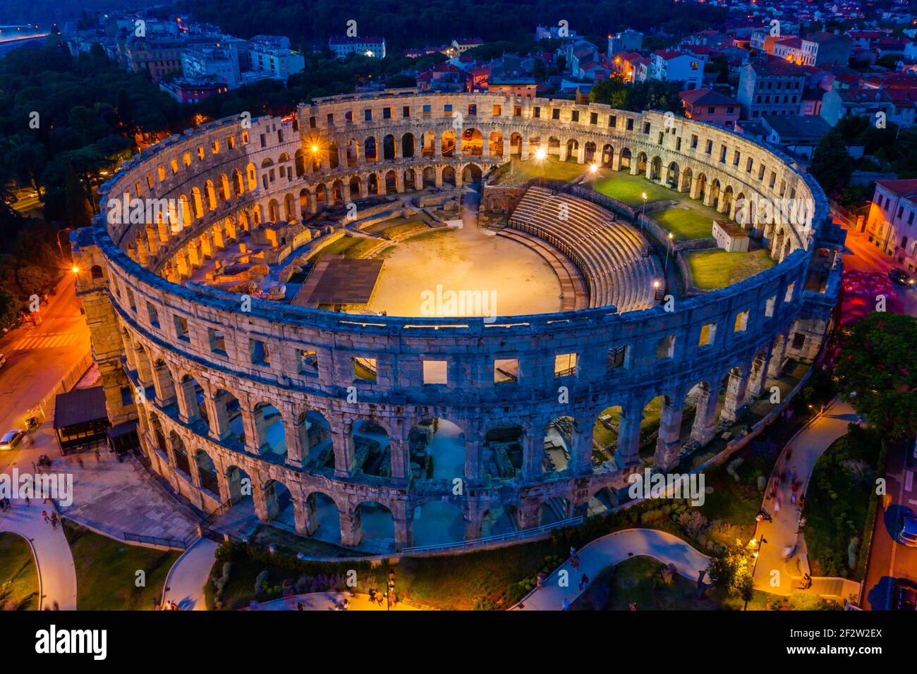 Sunset aerial view of Roman amphitheatre in Pula, Croatia Stock Photo ...