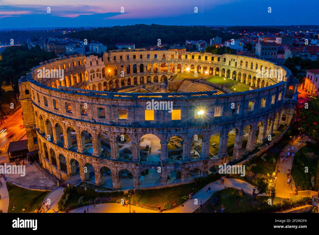 Sunset aerial view of Roman amphitheatre in Pula, Croatia Stock Photo ...