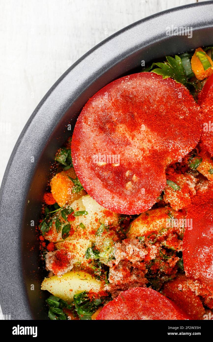 Traditional tomato, fish and cheese casserole. Italian healthy food ...