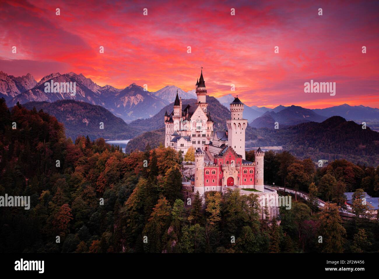 Red sky evening with castle. Beautiful sunset view of the ...