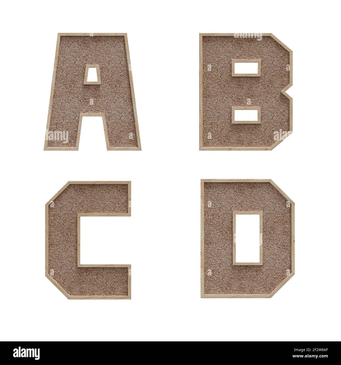 3D rendering of corkboard style capital letter alphabet - letters A-D ...