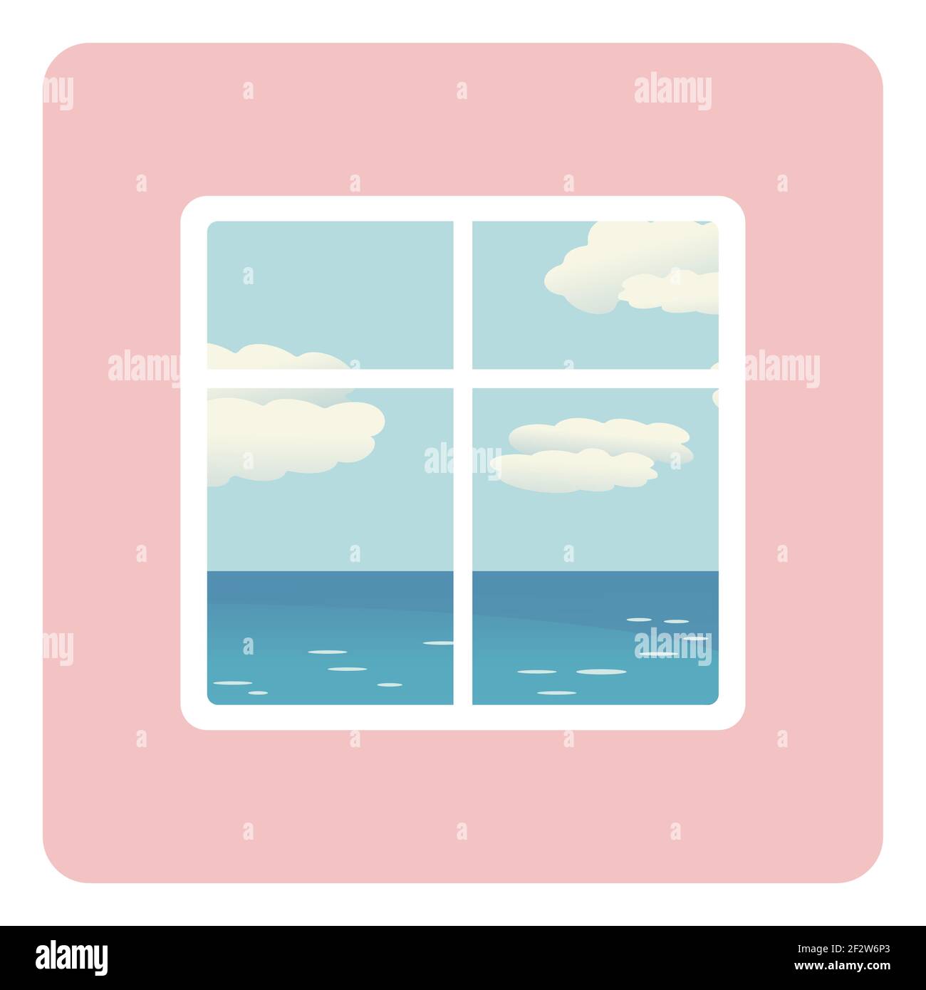 Blue sea and beach behind open window - illustration of summer vacation ...