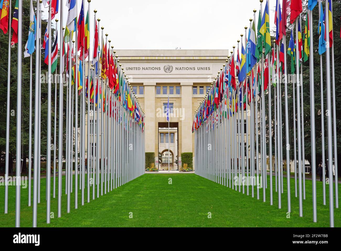 GENEVA, SWITZERLAND -5 APR 2019- Sign at the entrance of the United ...