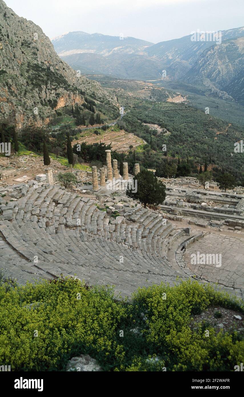 Delphi, Ruins of the ancient Greek oracle, Theatre and Columns of the ...