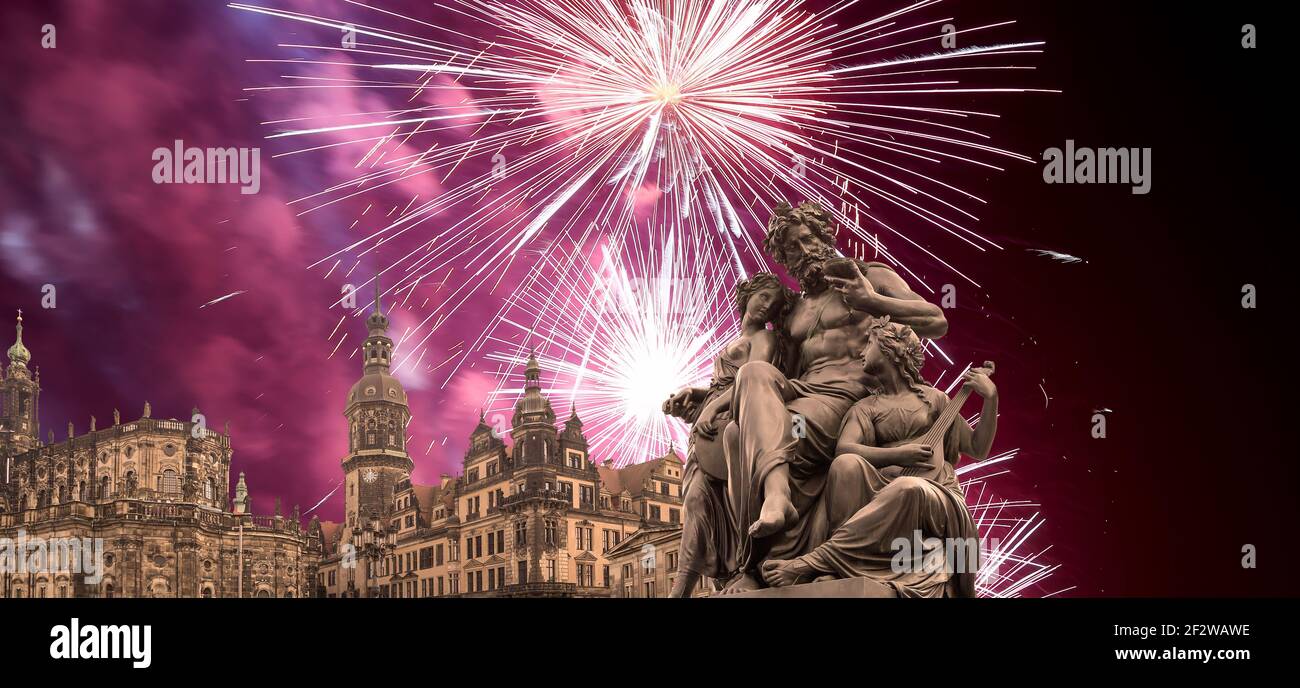 Sculpture on the Bruhl Terrace and Hofkirche or Cathedral of Holy ...