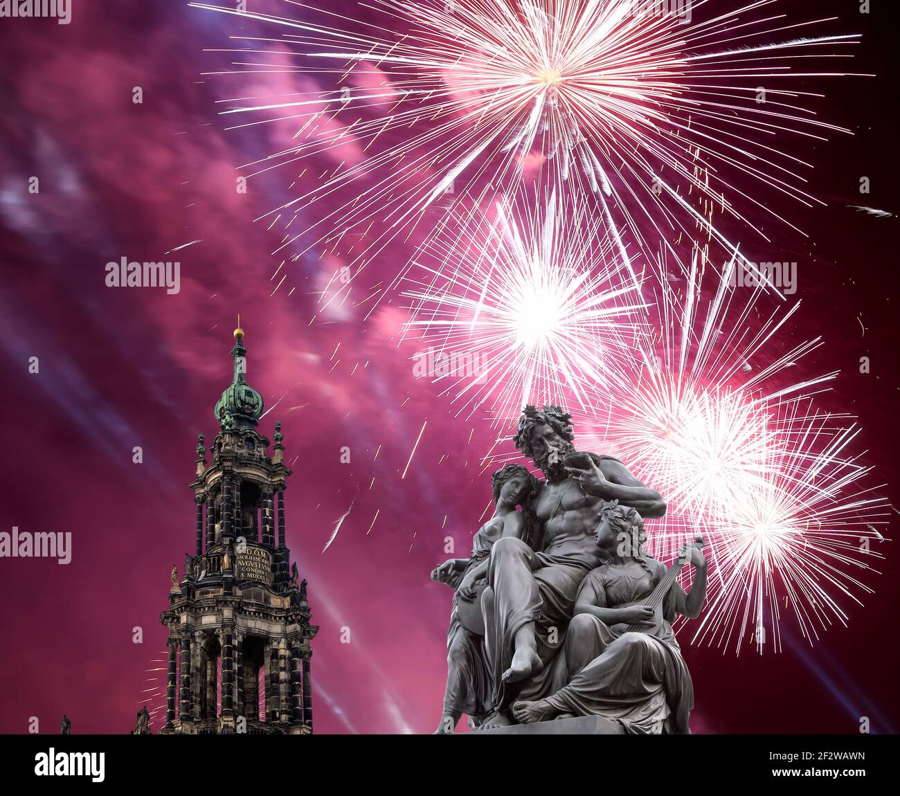 Sculpture on the Bruhl Terrace and Hofkirche or Cathedral of Holy ...