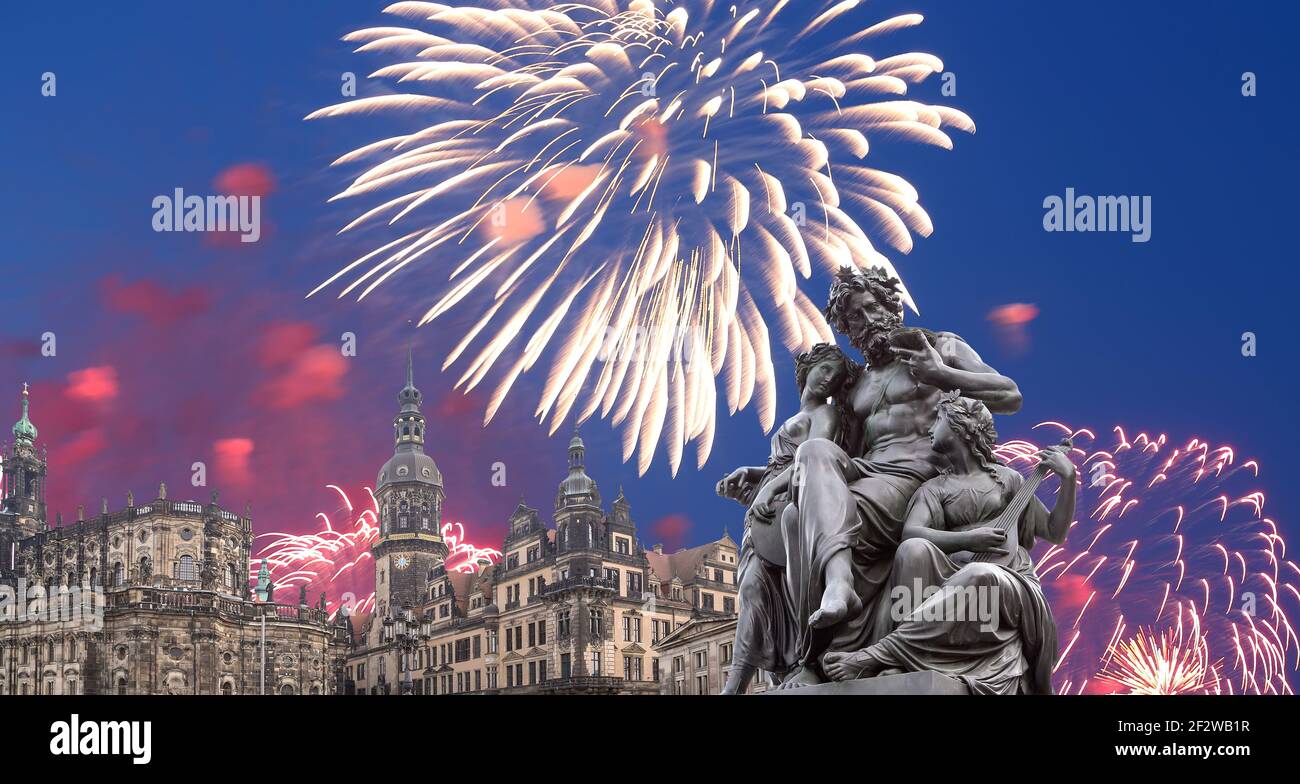 Sculpture on the Bruhl Terrace and Hofkirche or Cathedral of Holy ...