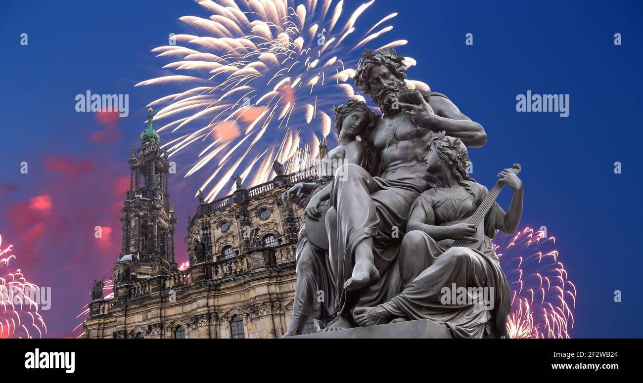 Sculpture on the Bruhl Terrace and Hofkirche or Cathedral of Holy ...