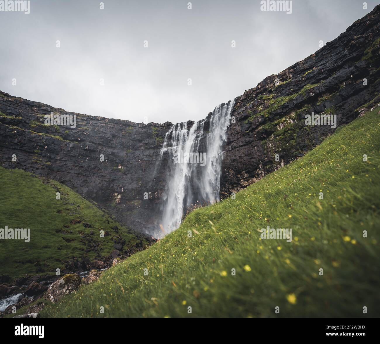 Aerial view of the Fossa Waterfall on island Bordoy. This is the ...