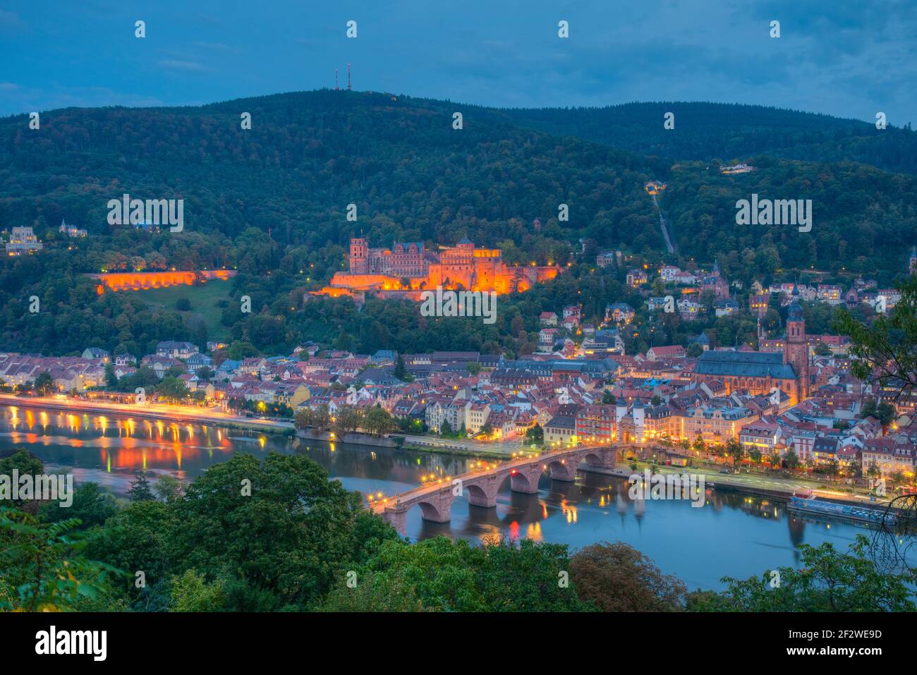 Sunset view of Heidelberg behind Neckar river, Germany Stock Photo - Alamy