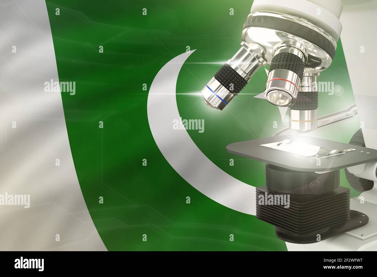 Pakistan science development concept - microscope on flag background ...