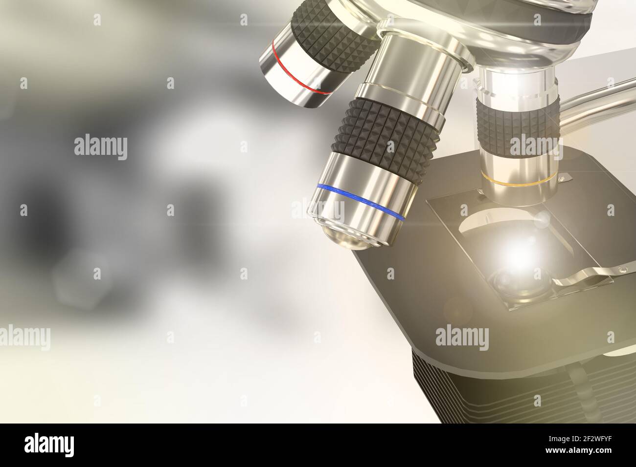 medical analyzing concept, lab hi-tech scientific microscope with flare on bokeh background ...