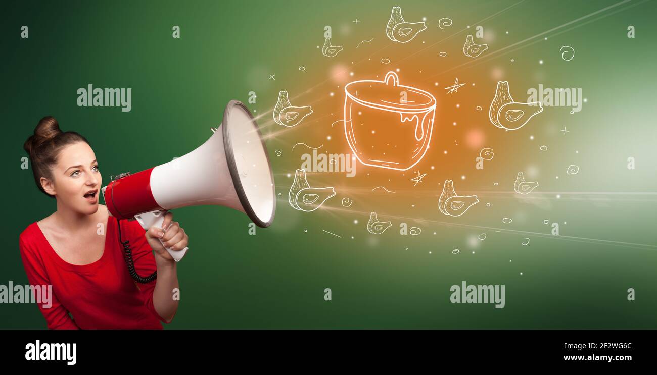 Young person with megaphone and healthy food icon Stock Photo - Alamy