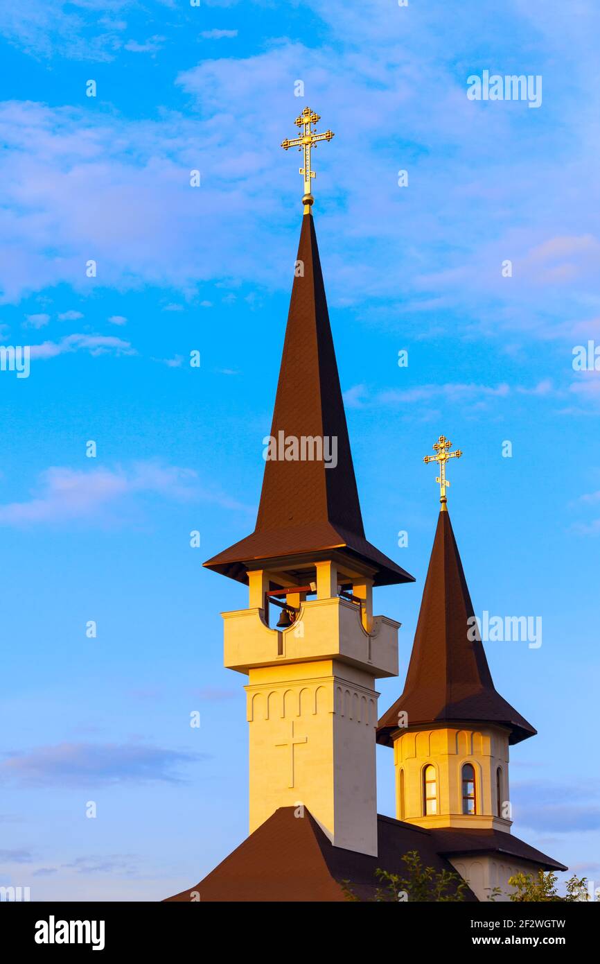 Tower with belfry and spire . Church top architecture details Stock ...