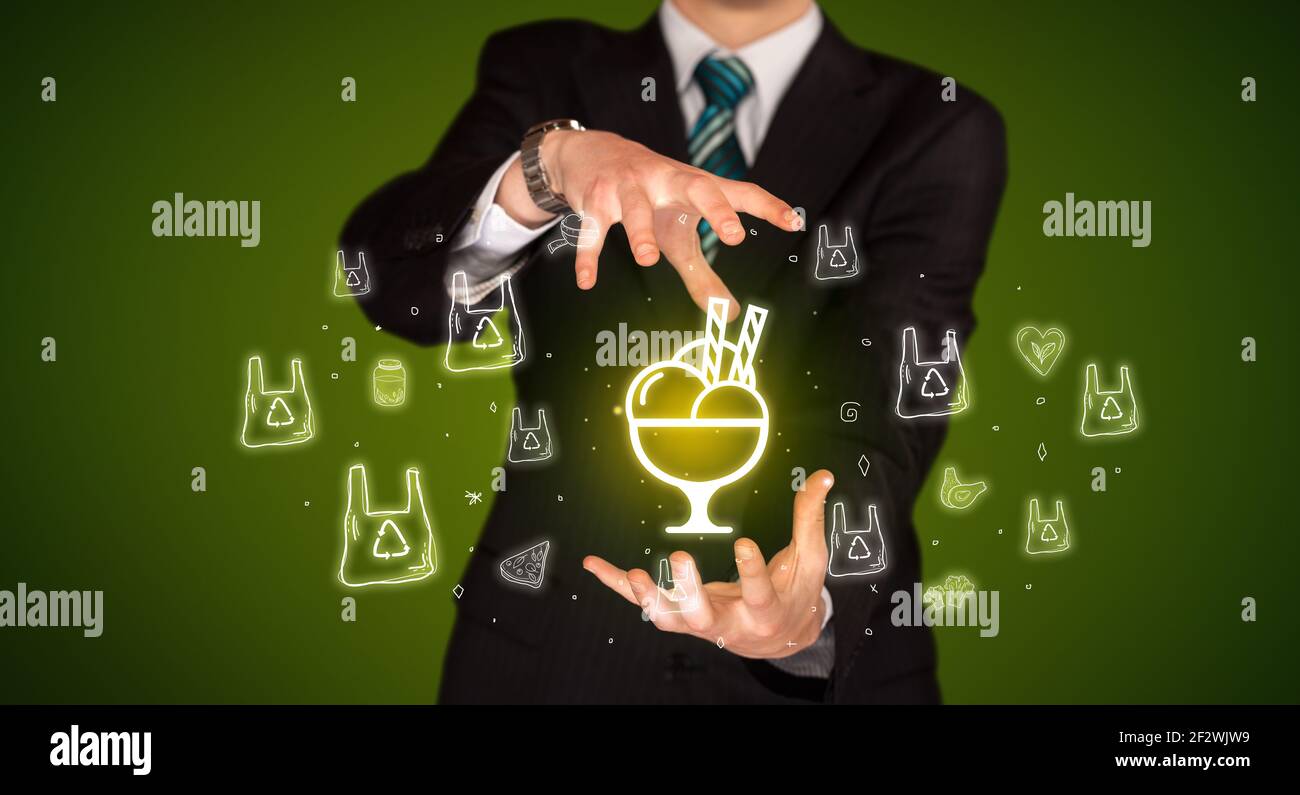 Hand holding food related icons Stock Photo - Alamy