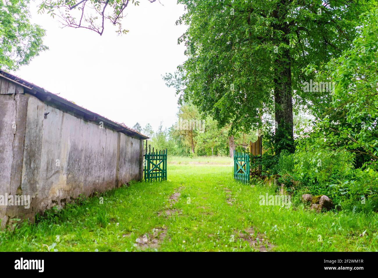 countryside house garden backyard in summer with old buildings and ...