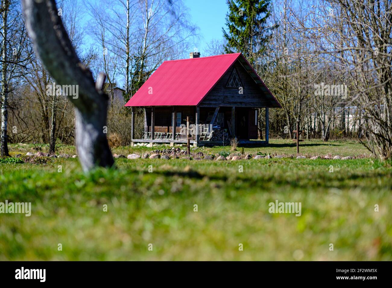 countryside house garden backyard in summer with old buildings and ...