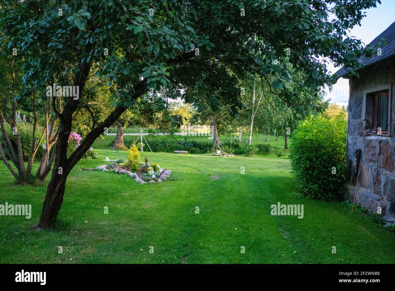 countryside house garden backyard in summer with old buildings and ...