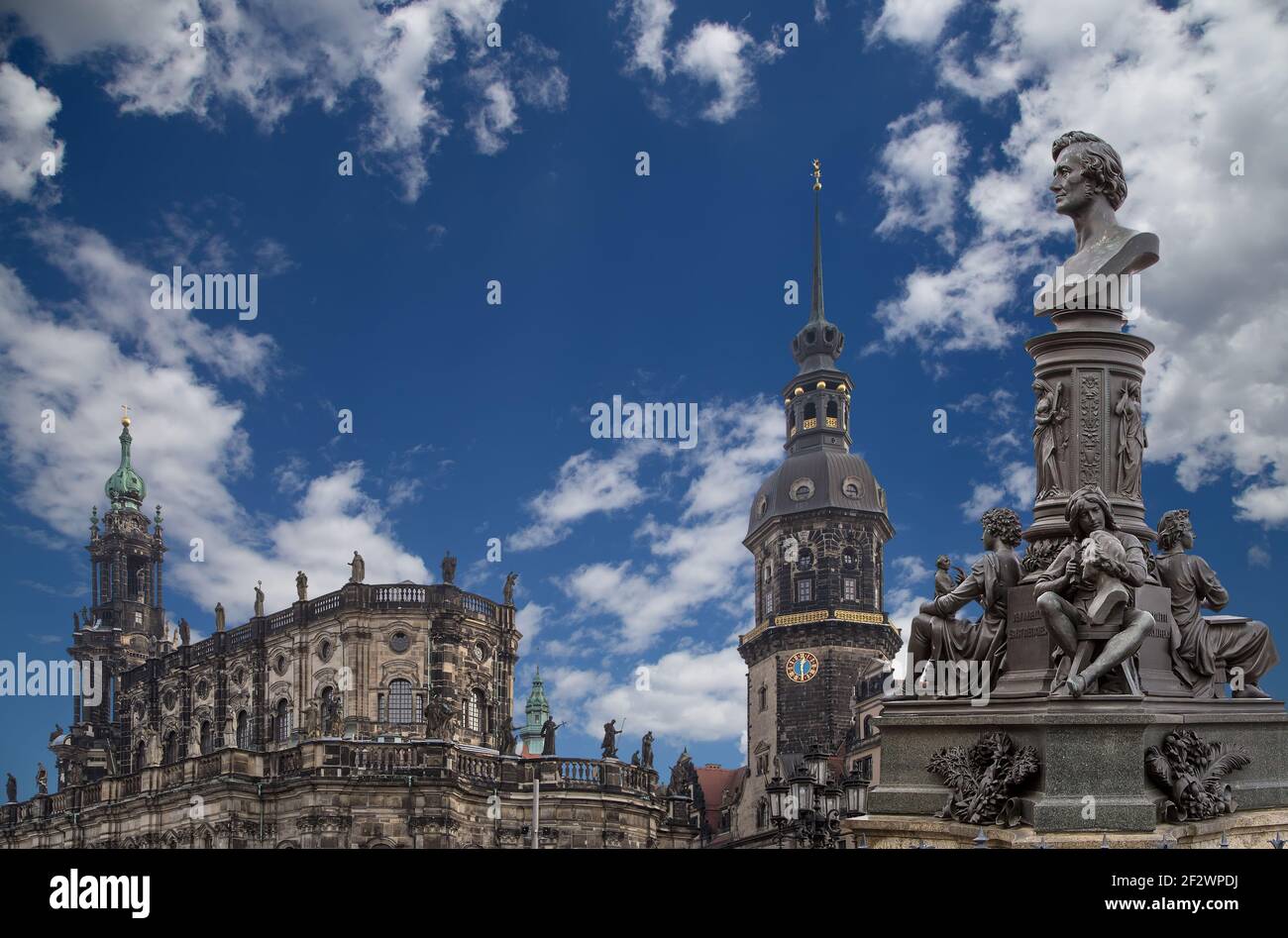 Sculpture on the Bruhl Terrace and Hofkirche or Cathedral of Holy ...