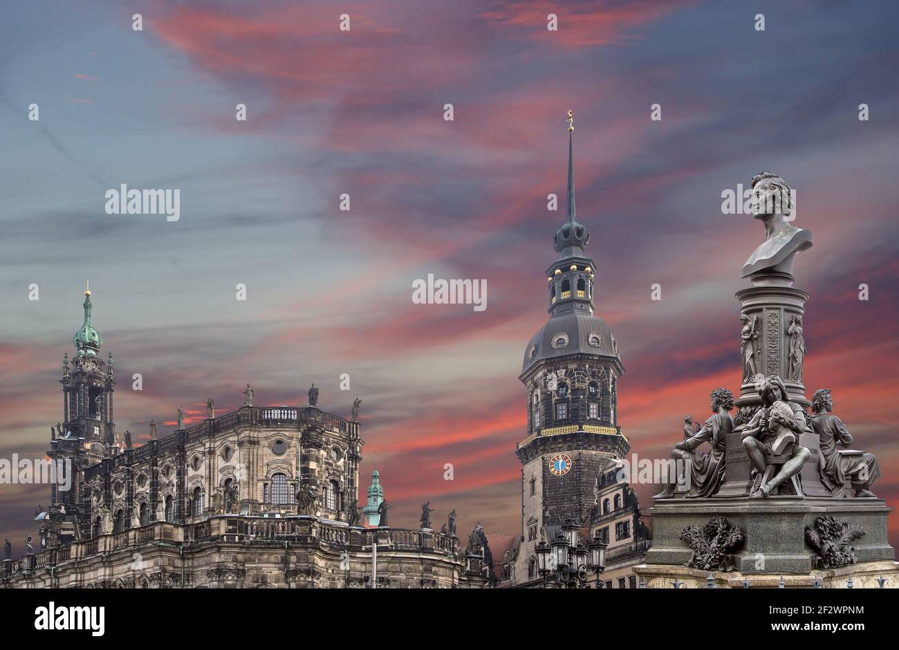 Sculpture on the Bruhl Terrace and Hofkirche or Cathedral of Holy ...