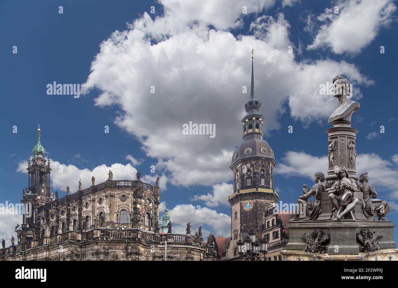 Sculpture on the Bruhl Terrace and Hofkirche or Cathedral of Holy ...