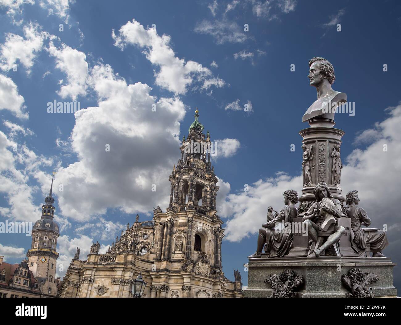 Sculpture on the Bruhl Terrace and Hofkirche or Cathedral of Holy ...