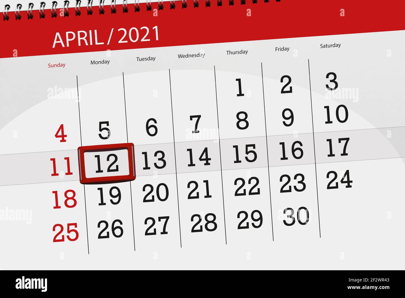 Calendar planner for the month April 2021, deadline day, 12, monday ...