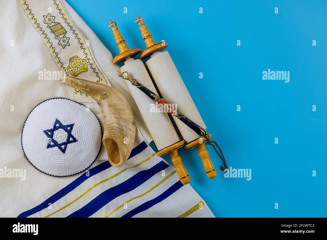 Jewish holidays, during prayer items kippa with prayer shawl tallit on ...
