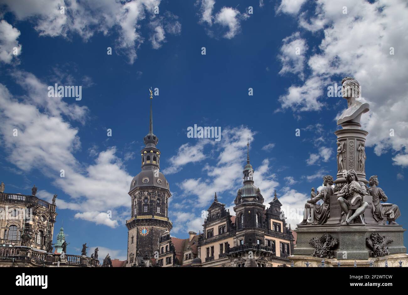 Sculpture on the Bruhl Terrace and Hofkirche or Cathedral of Holy ...